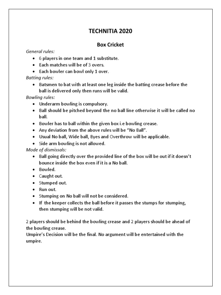 Box Cricket Rules and Regulations | PDF