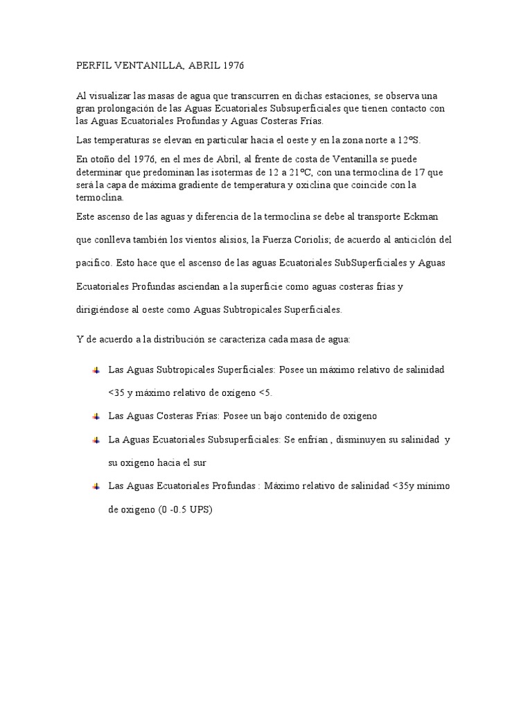 Perfil de las masas de agua frente a la costa de Ventanilla y Punta Hermosa en abril de 1976 ...