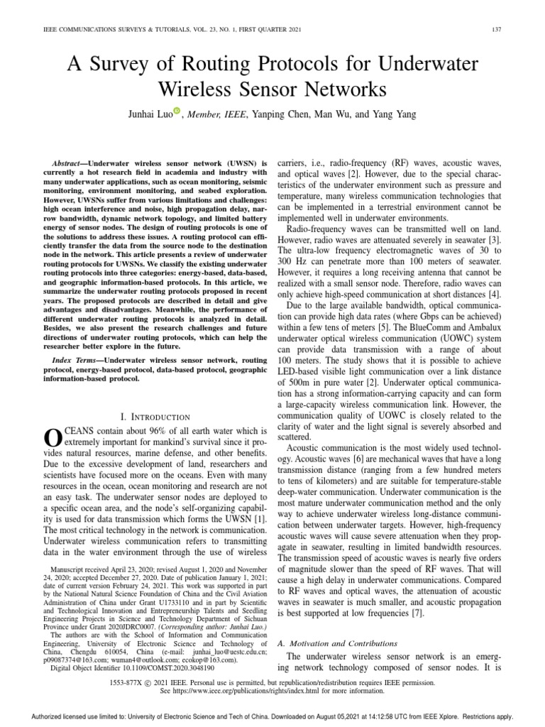 A Survey Of Routing Protocols For Underwater Wireless Sensor Networks Pdf Routing Computer