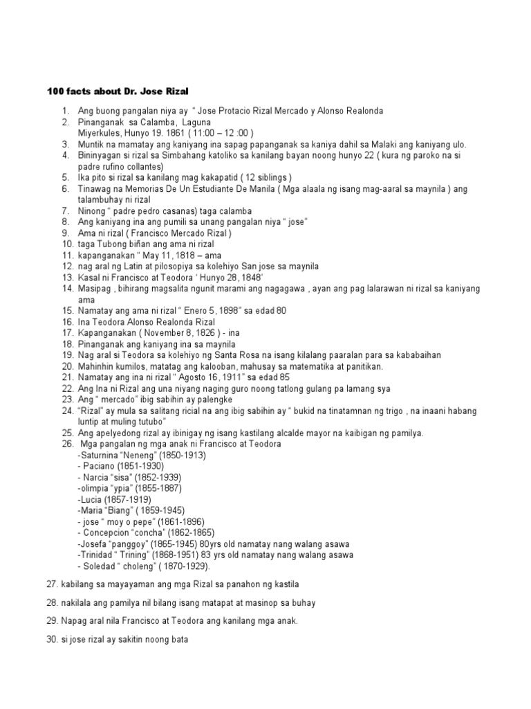100 Facts About DR Jose Rizal | PDF