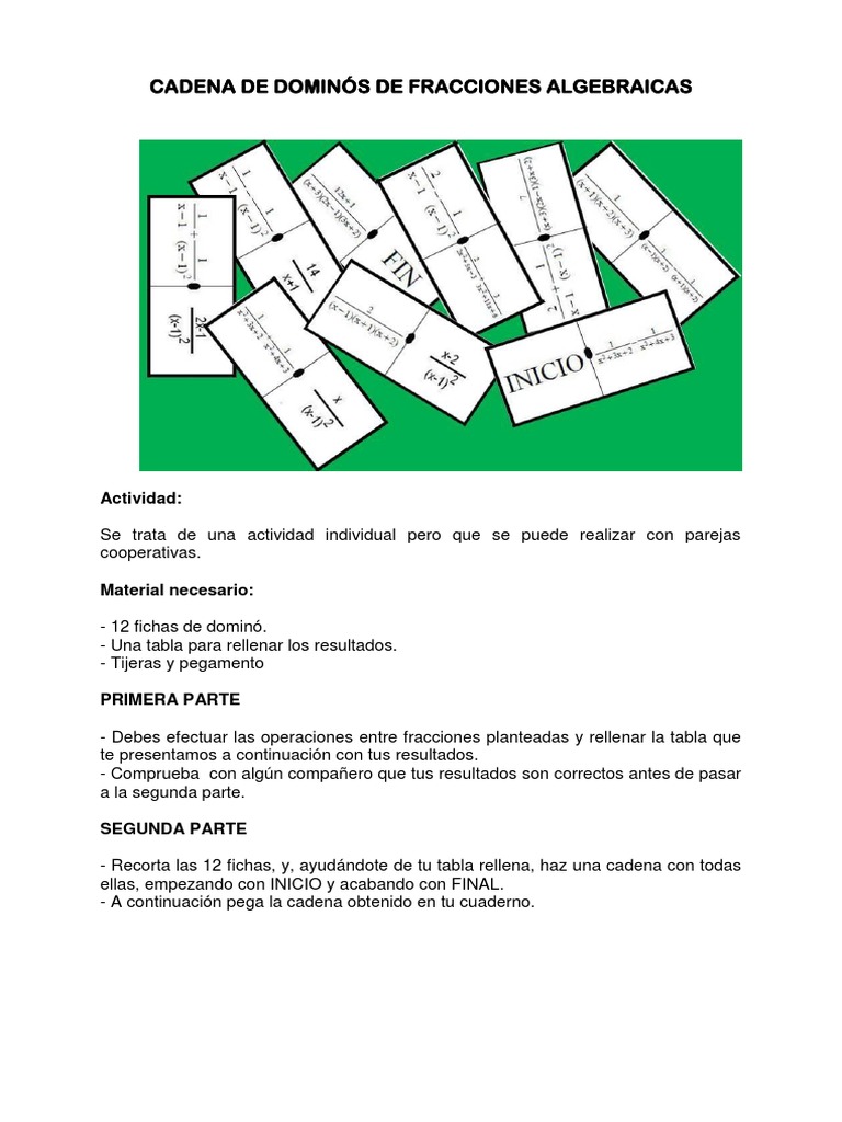 Cadena de Dominós de Fracciones Algebraicas: Actividad | PDF | Hogar ...