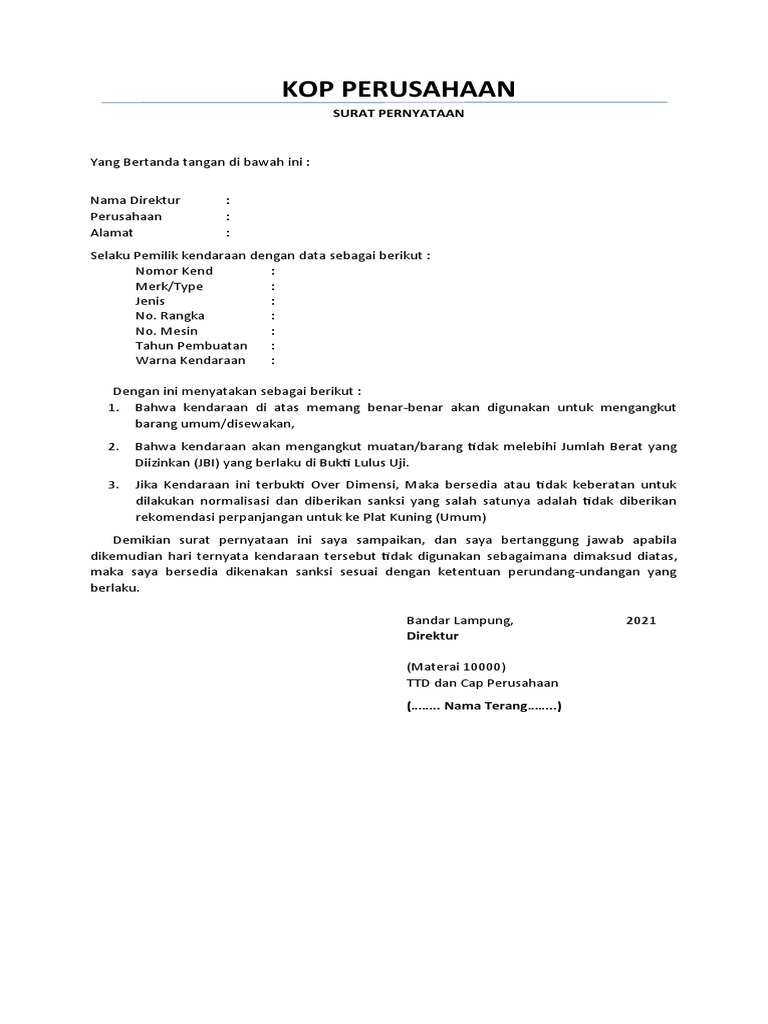 Surat Pernyataan Plat Kuning | PDF