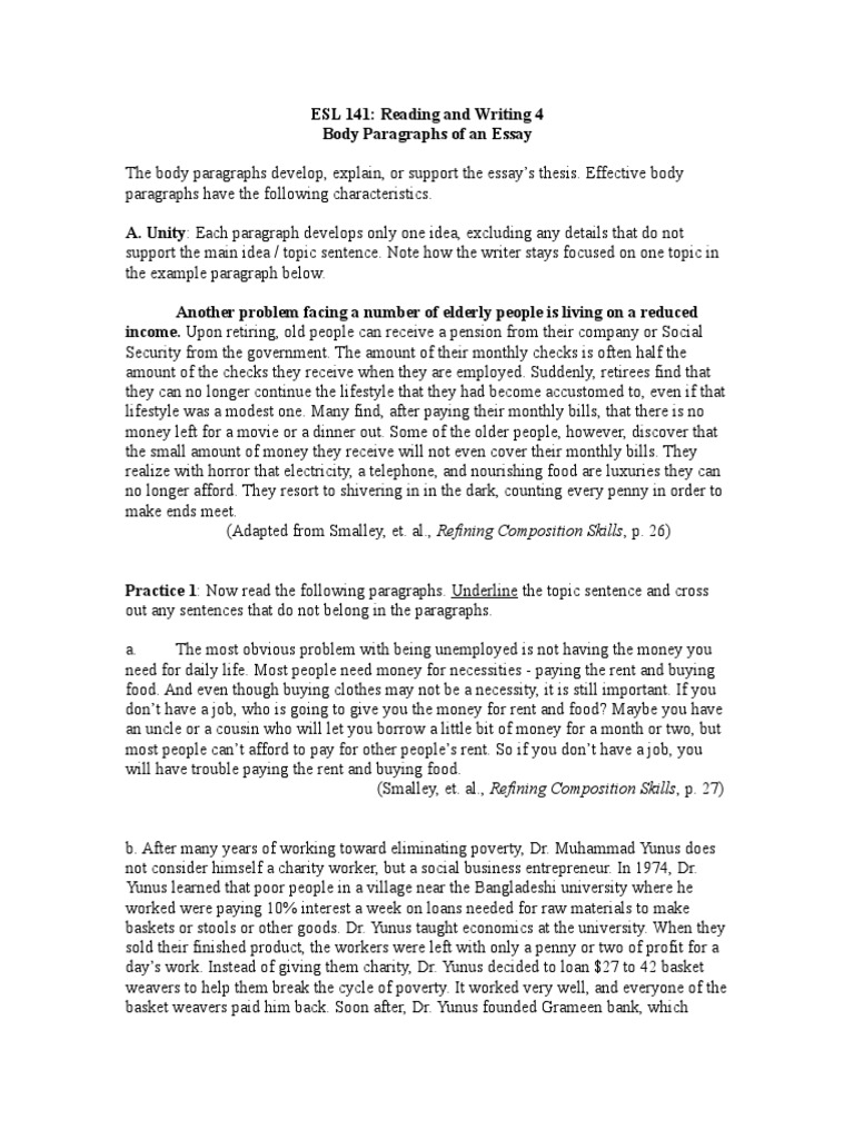 ESL141SP23 Body Paragraphs Notes and Exercises | PDF | Grameen Bank ...