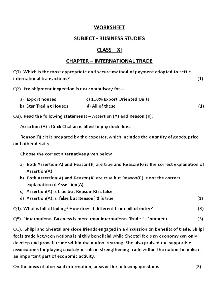 International Trade Worksheet for Class XI | PDF | Letter Of Credit ...