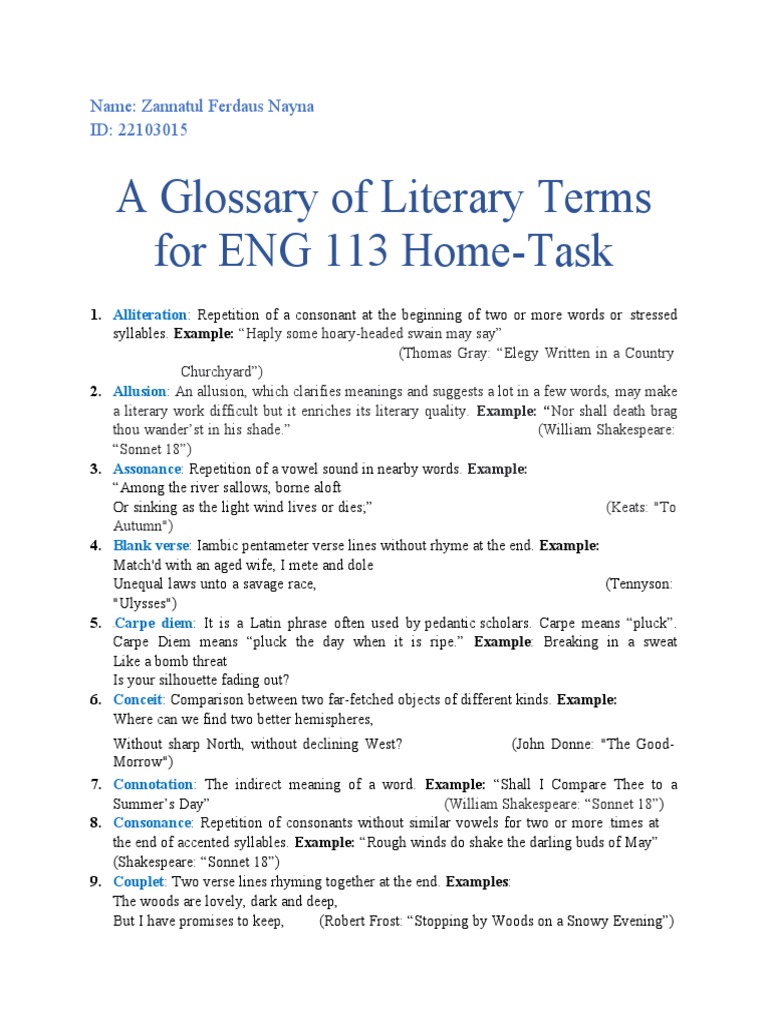 A Glossary of Literary Terms for ENG 113 Home-Task | PDF | Poetry ...
