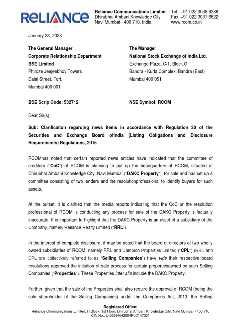 Reliance Communications Limited. H Block, 1st Floor, Dhirubhai Ambani ...