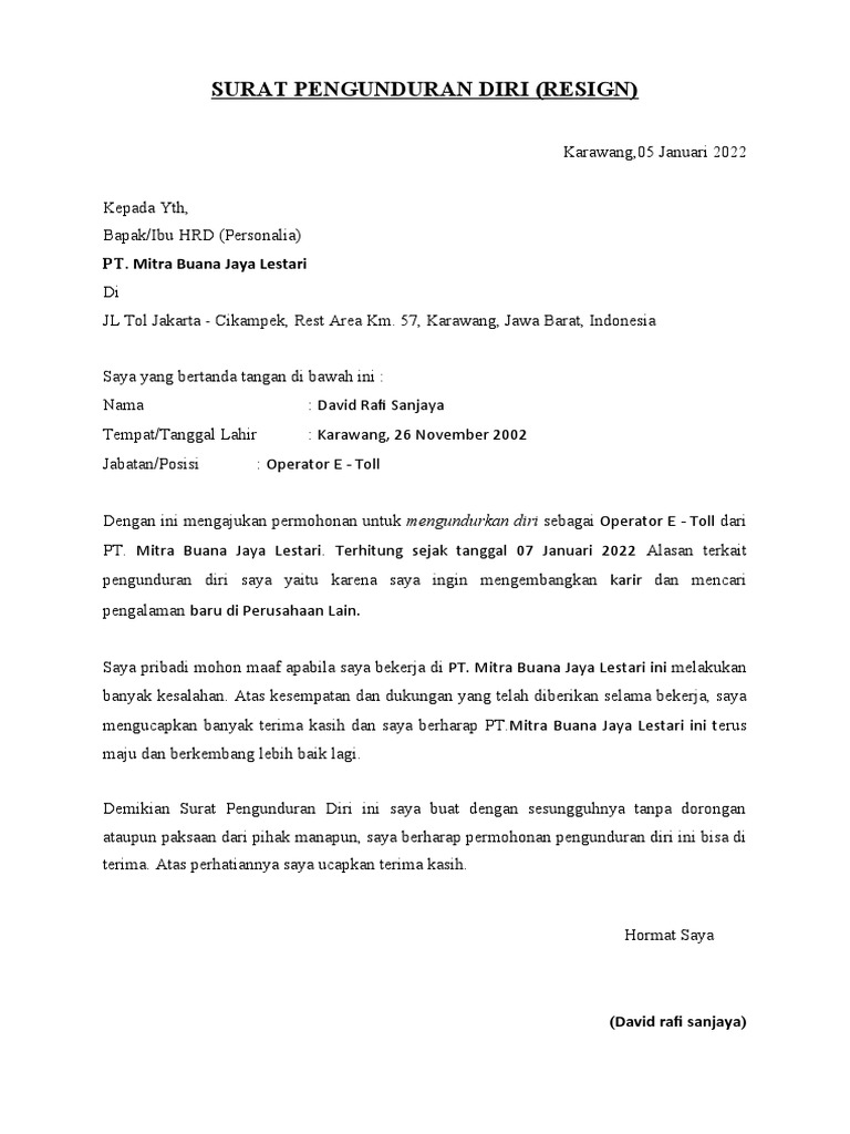 Contoh Surat Pengunduran Diri | PDF