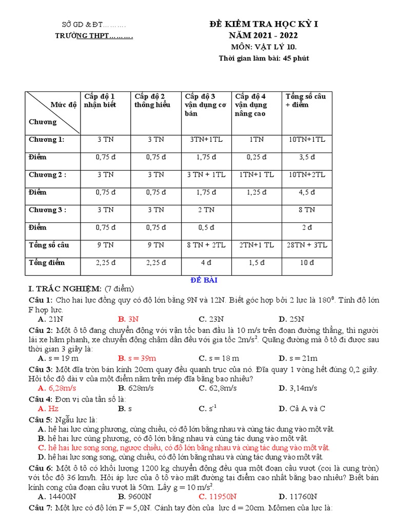 De Thi Hki Vat Li 10 de 1 | PDF