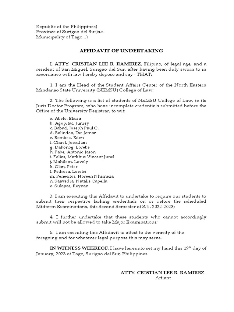 Affidavit of Undertaking | PDF