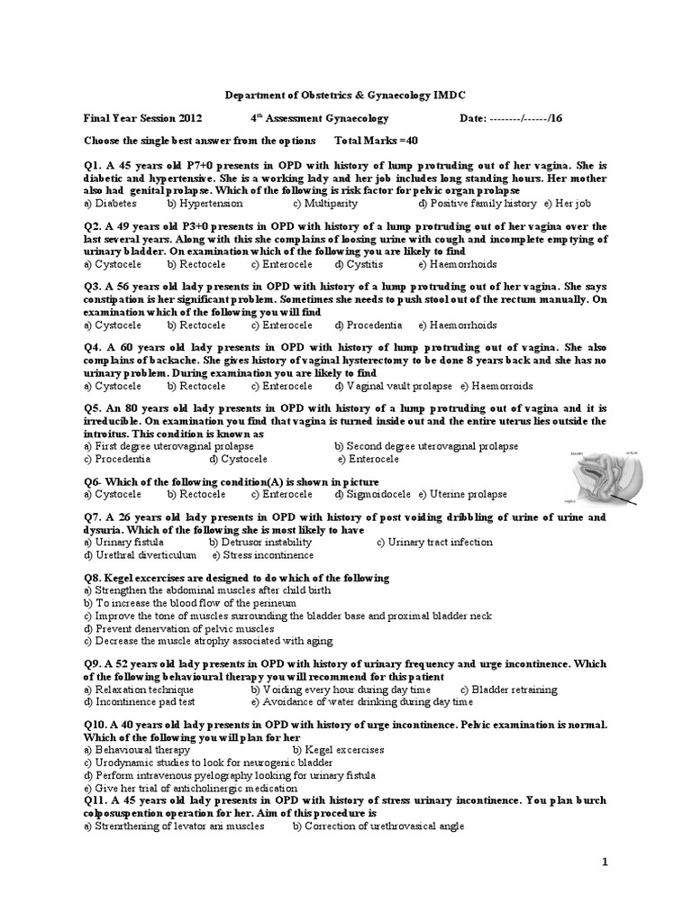 MCQ - 4th Assessment - Gynae-17-03-16 | PDF | Urinary Incontinence | Hormone Replacement Therapy
