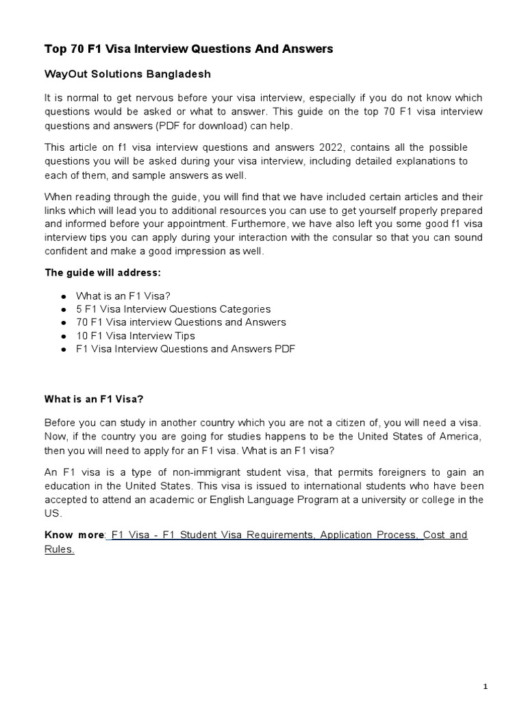 Top 70 F1 Visa Interview Q&A Guide | PDF | Cost Of Living ...