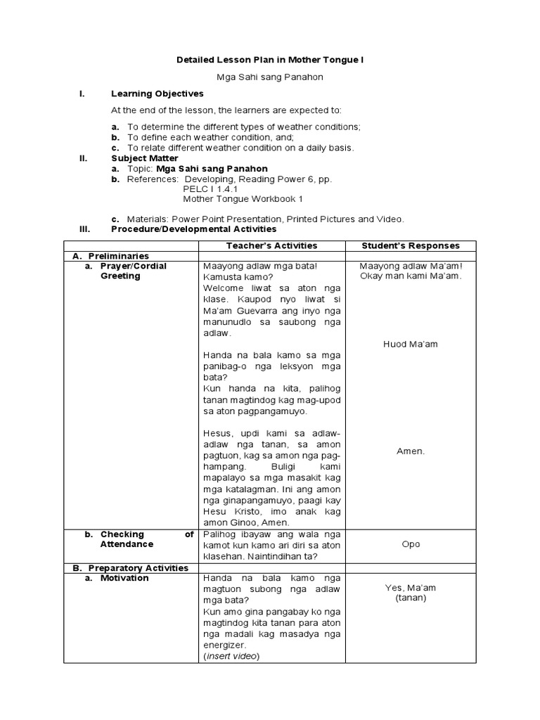 Lesson Plan in Mother Tongue | PDF