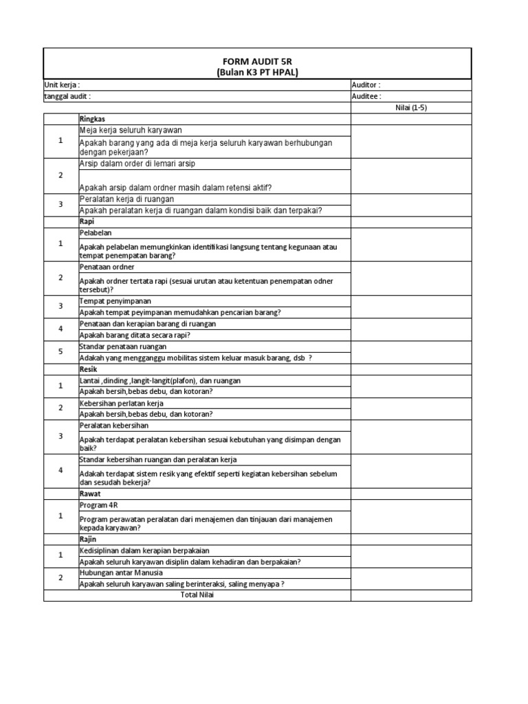 Form Audit 5R (Bulan K3 PT HPAL) : Ringkas | PDF