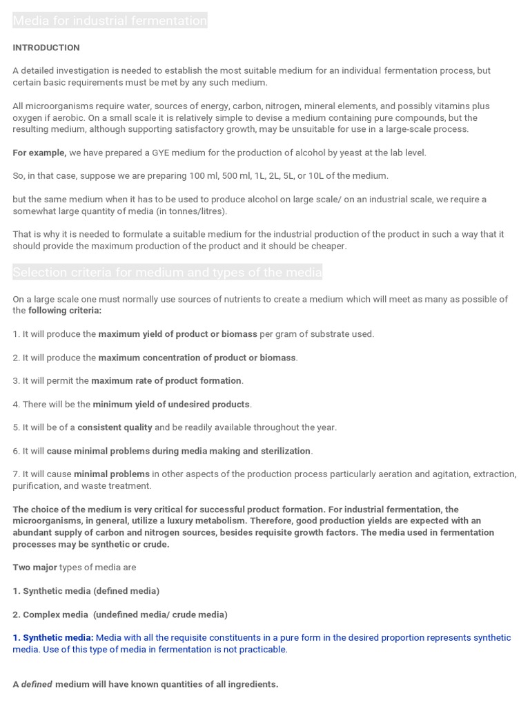 Industrial Fermentation Media Overview | PDF | Growth Medium | Molasses