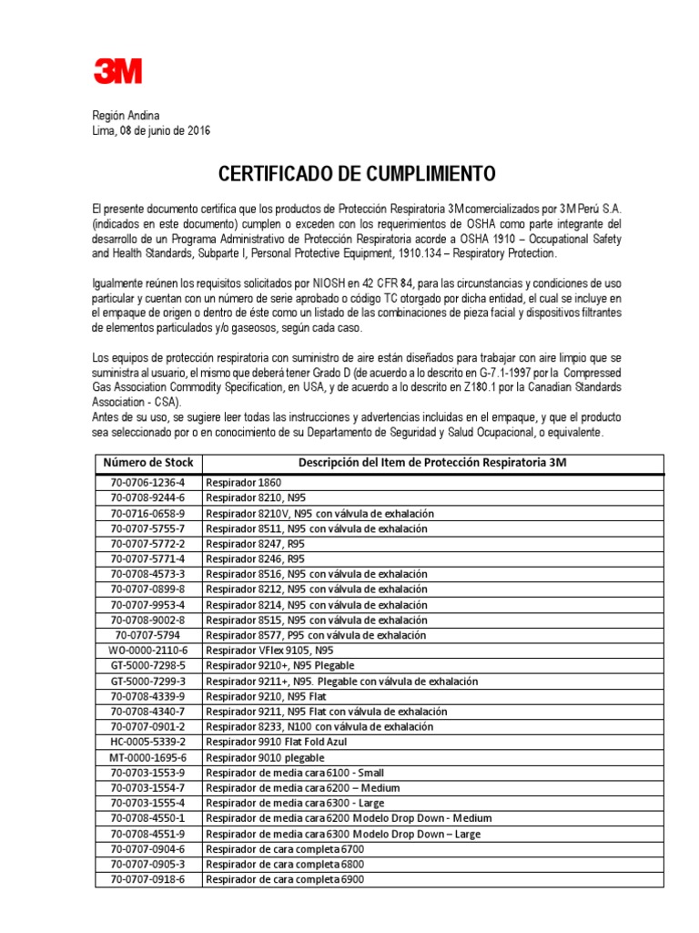 Certificado de Cumplimiento 3M | PDF | Seguridad y salud ocupacional ...