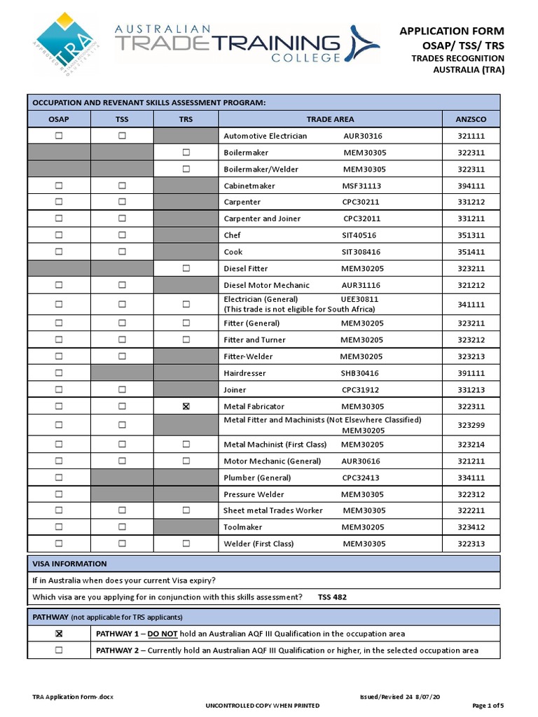 TRA Application Form - Metal Fabricator | PDF | Vocational Education ...