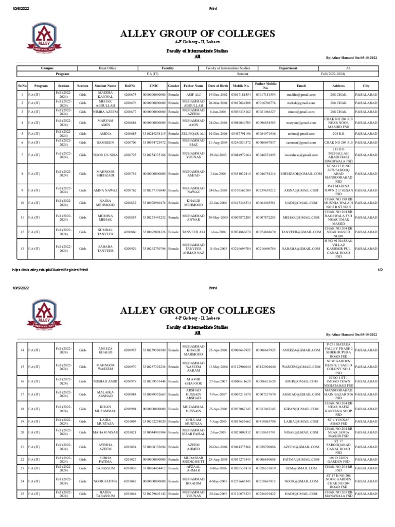 Student Enrollment Records for the Faculty of Intermediate Studies Fall ...