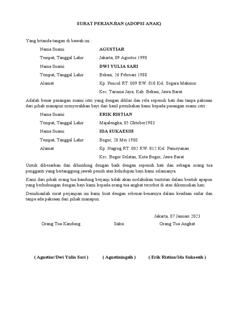 Surat Perjanjian (Adopsi Anak) | PDF