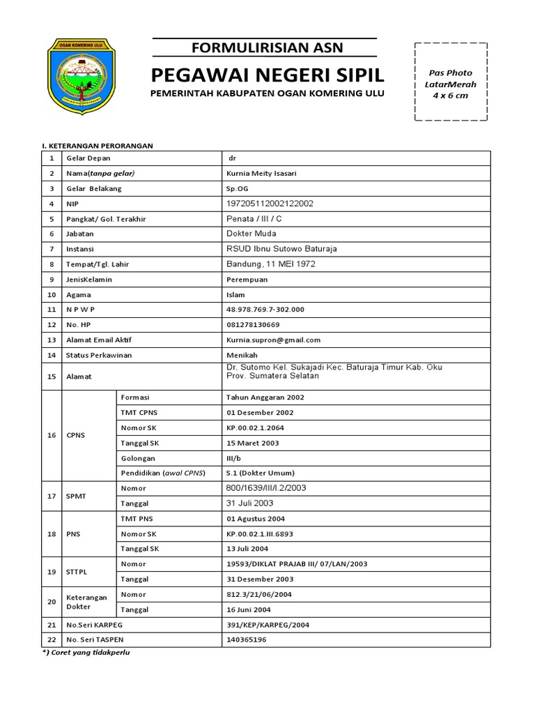 Formulir Isian Asn | PDF