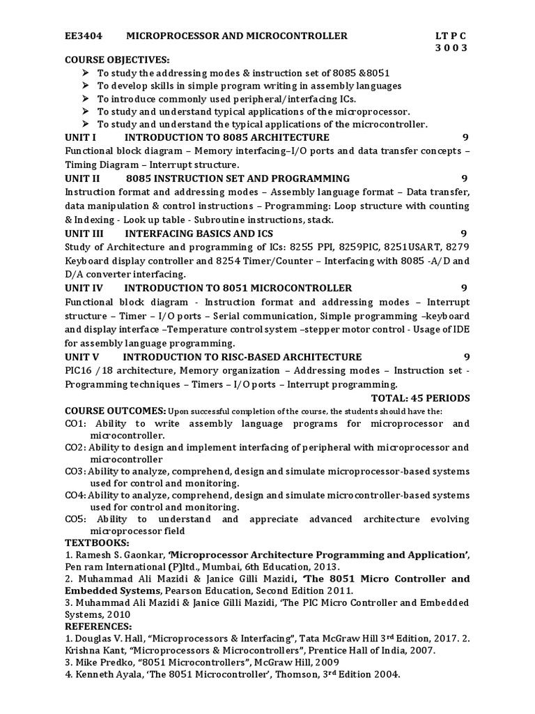 Ee3404 Microprocessor and Microcontroller LT P C | Download Free PDF ...