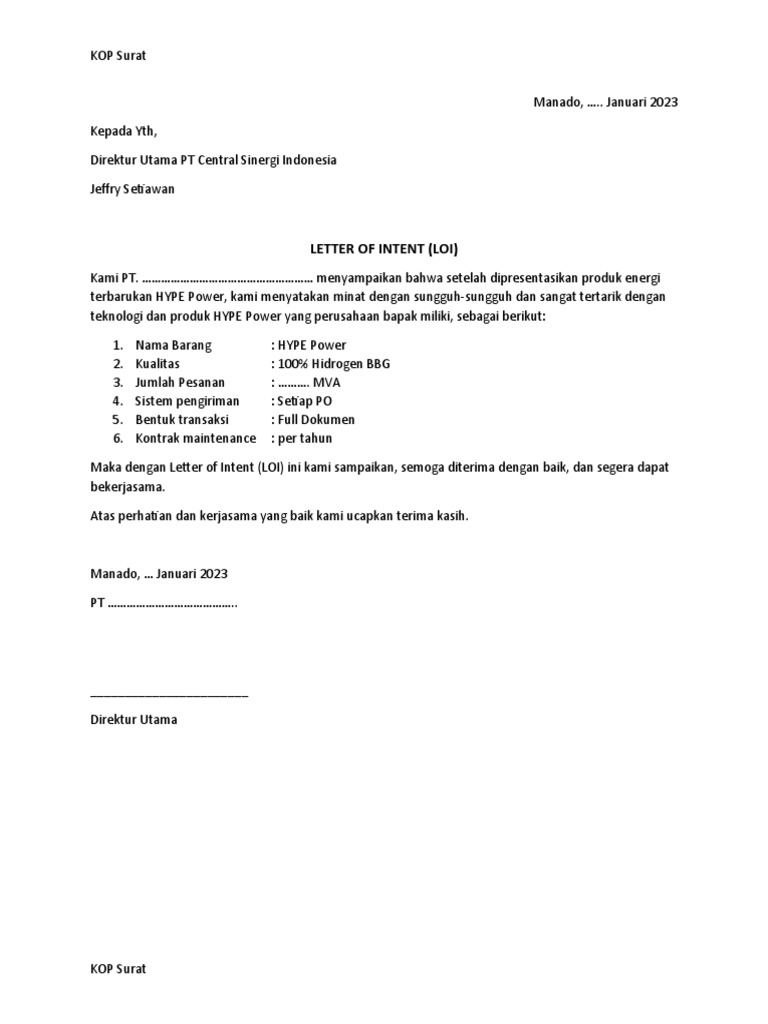 Contoh LoI | PDF | Bisnis