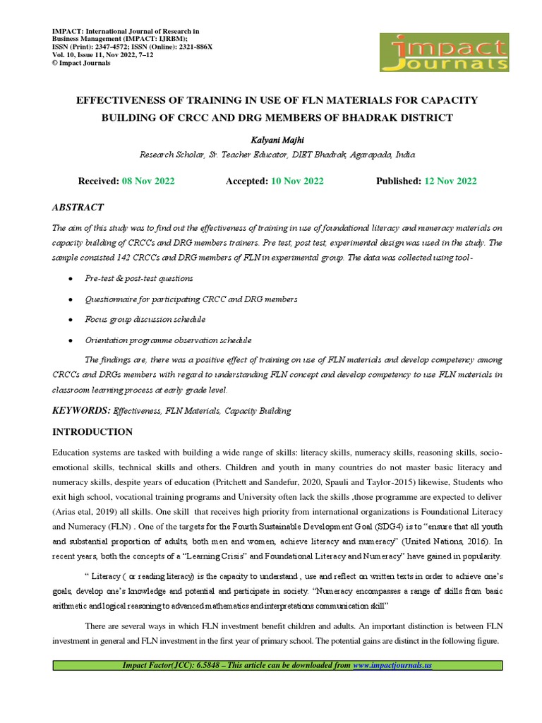 Effectiveness of Training in Use of FLN Materials For Capacity Building of CRCC and DRG Members ...