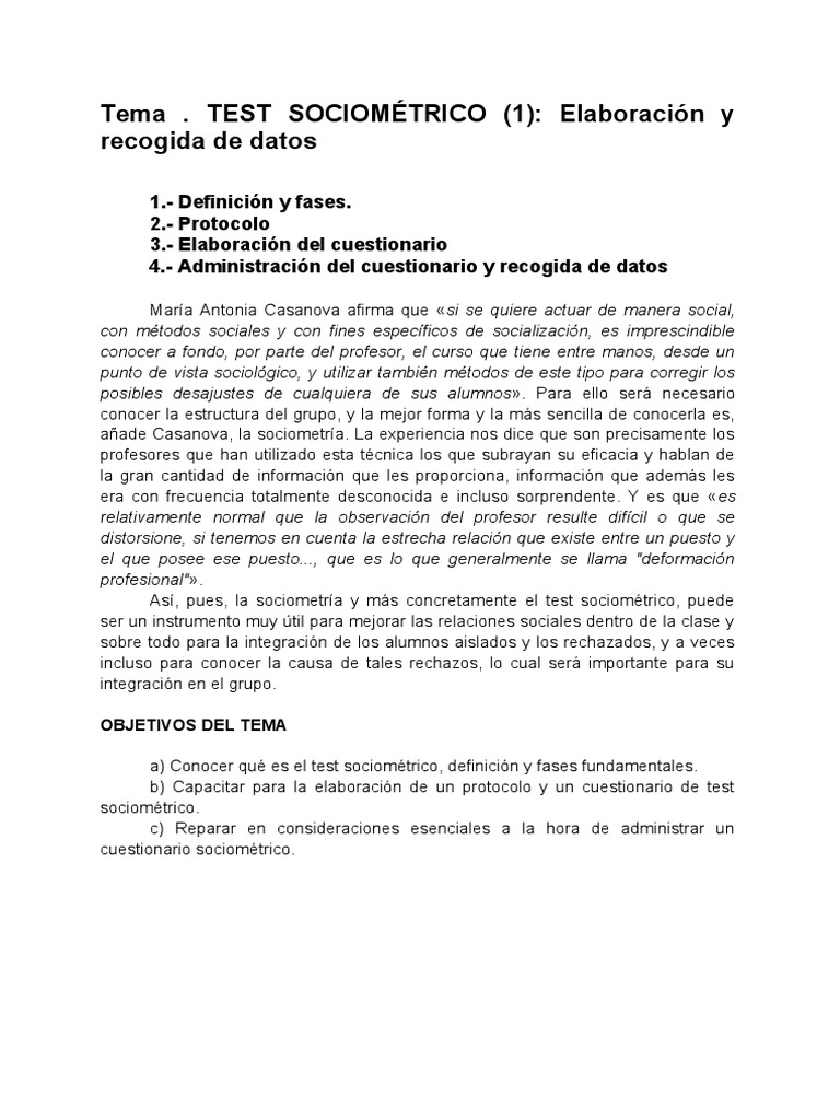 Tema TEST SOCIOMETRICO ELABORACION Y RECOGIDA DE DATOS | PDF | Cuestionario