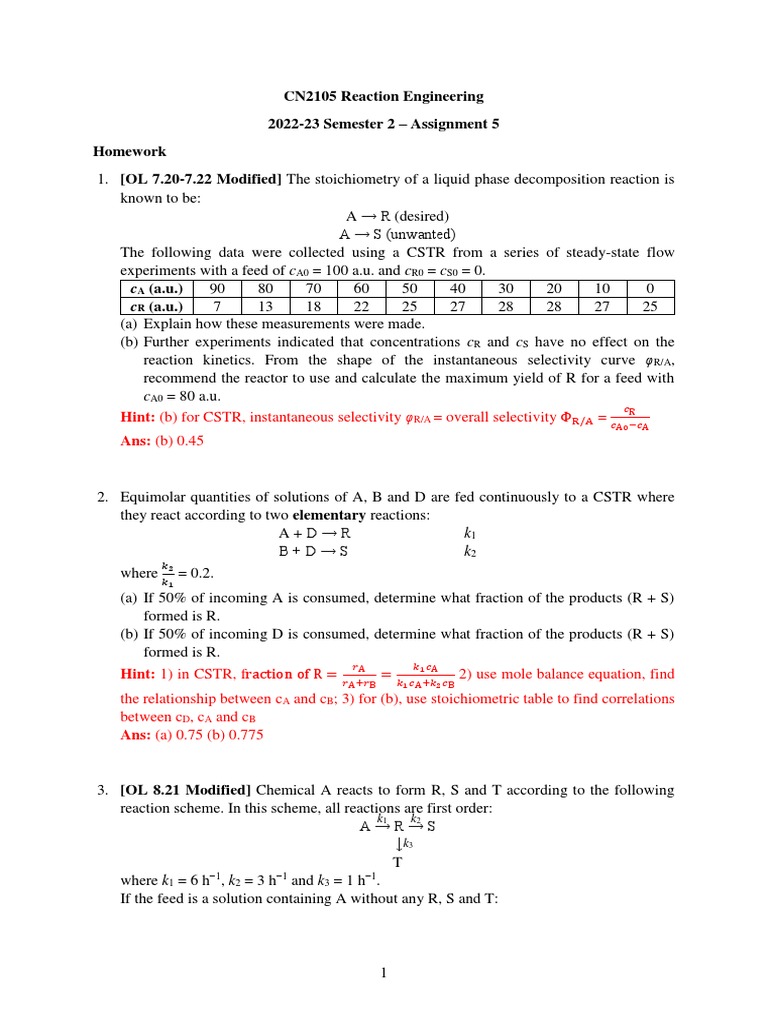 Assignment 5 | PDF | Chemical Reactions | Chemical Reactor