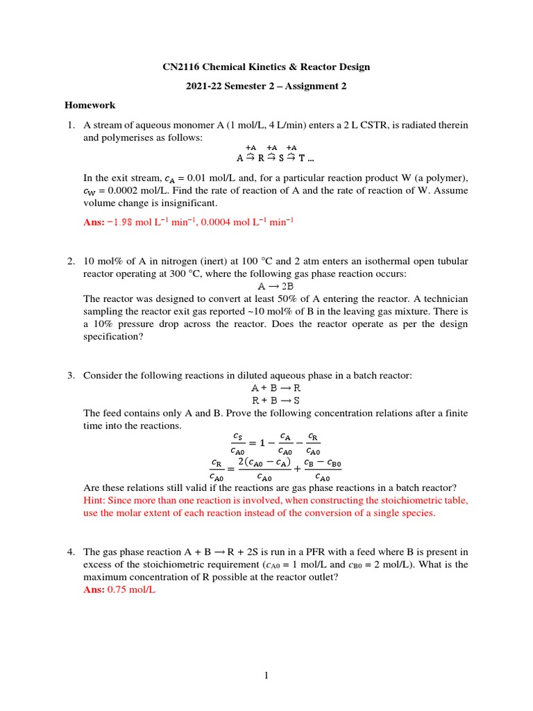 Assignment 2 | PDF | Chemical Reactor | Stoichiometry