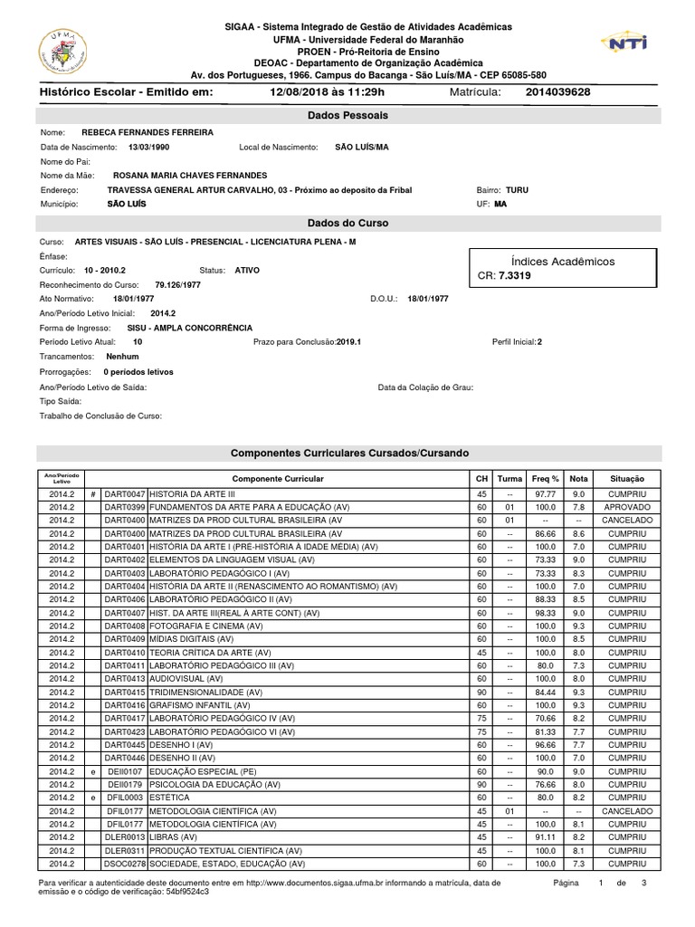 Histórico Escolar SIGAA UFMA | PDF