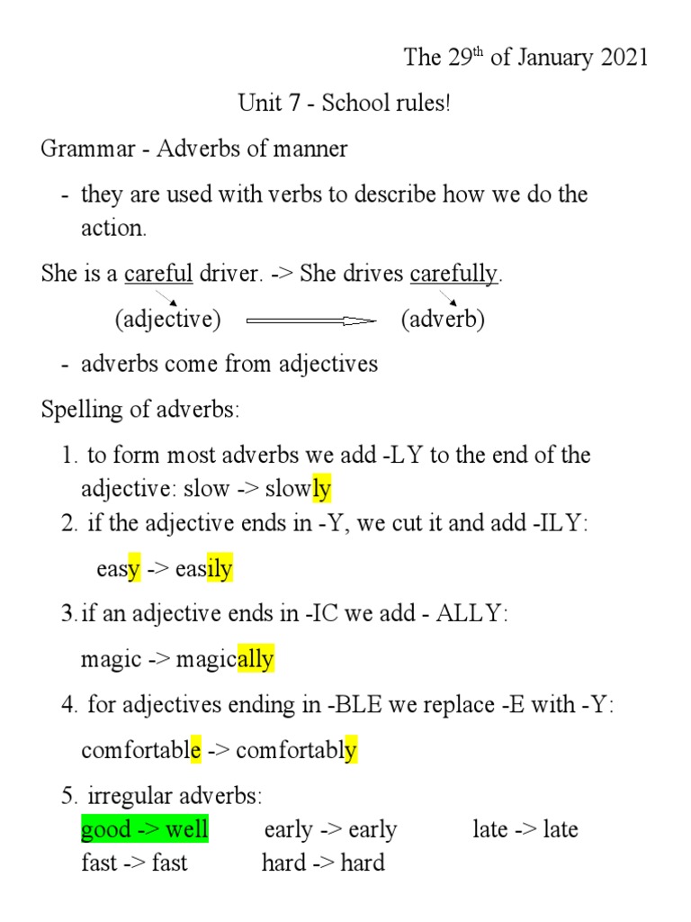 Unit 7 - School Rules and Adverbs of Manner: A Guide to Grammar and ...