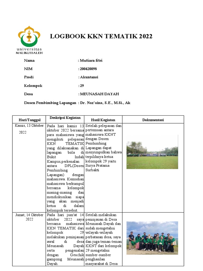 Logbook KKN Tematik 2022 di Meunasah Dayah | PDF | Seni