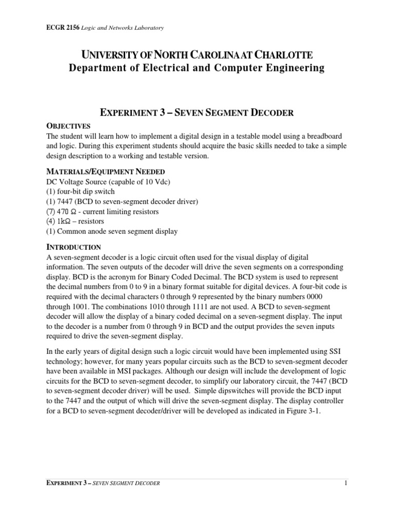 Ecgr2156 Experiment 3 Seven Segment Decoder | PDF | Electronic Circuits | Binary Coded Decimal