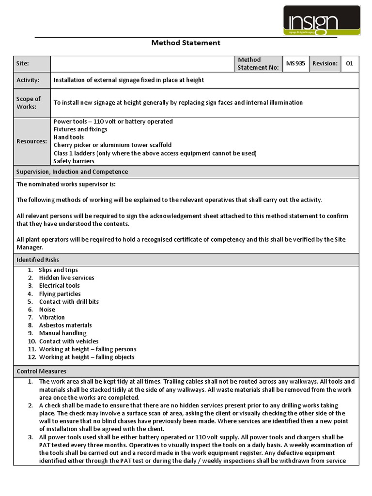 Method Statement Example | PDF | Safety | Scaffolding