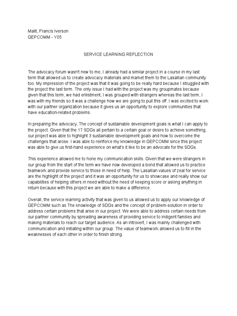 GEPCOMM Y05 Malit Service Learning Reflection | PDF