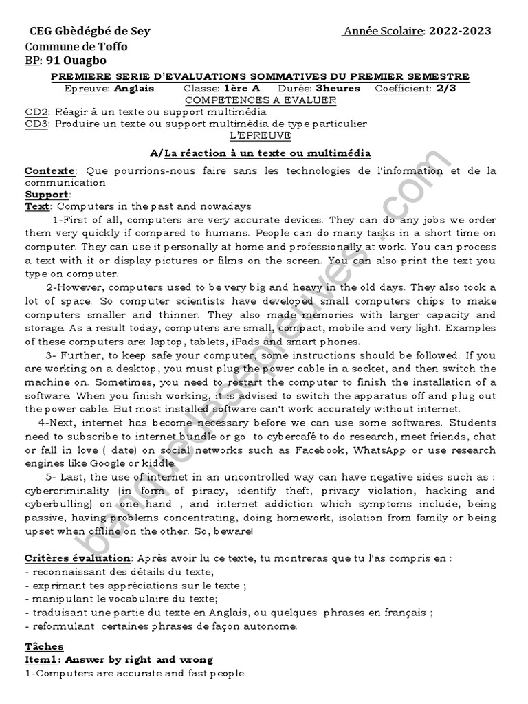 1er Devoir Du 1er Semestre Anglais 1ère A 2022-2023 Ceg Gbèdégbé de Sey | PDF | Computing ...