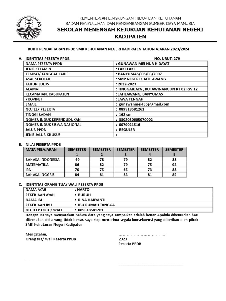 Bukti Pendaftaran PPDB GUNAWAN MEI NUR HIDAYAT | PDF