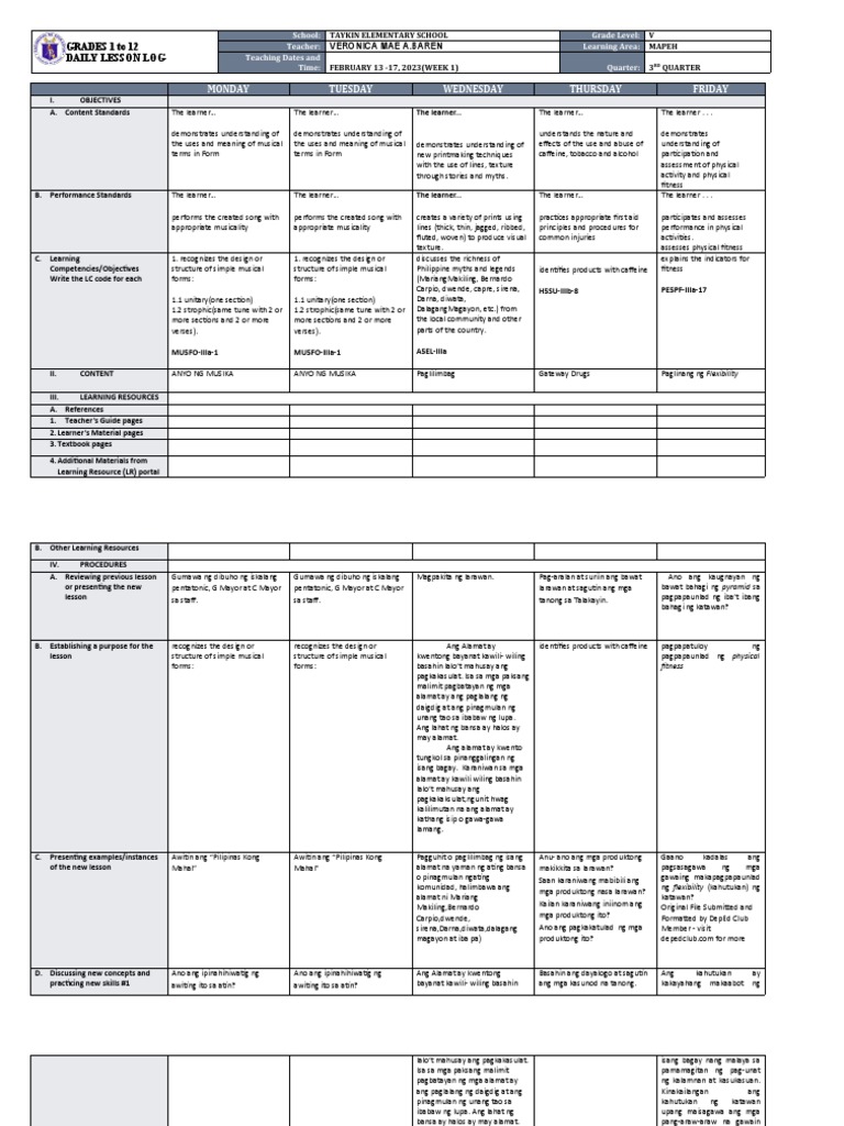 DLL - Mapeh 5 - Q3 - W2 - New | Download Free PDF | Learning | Teachers