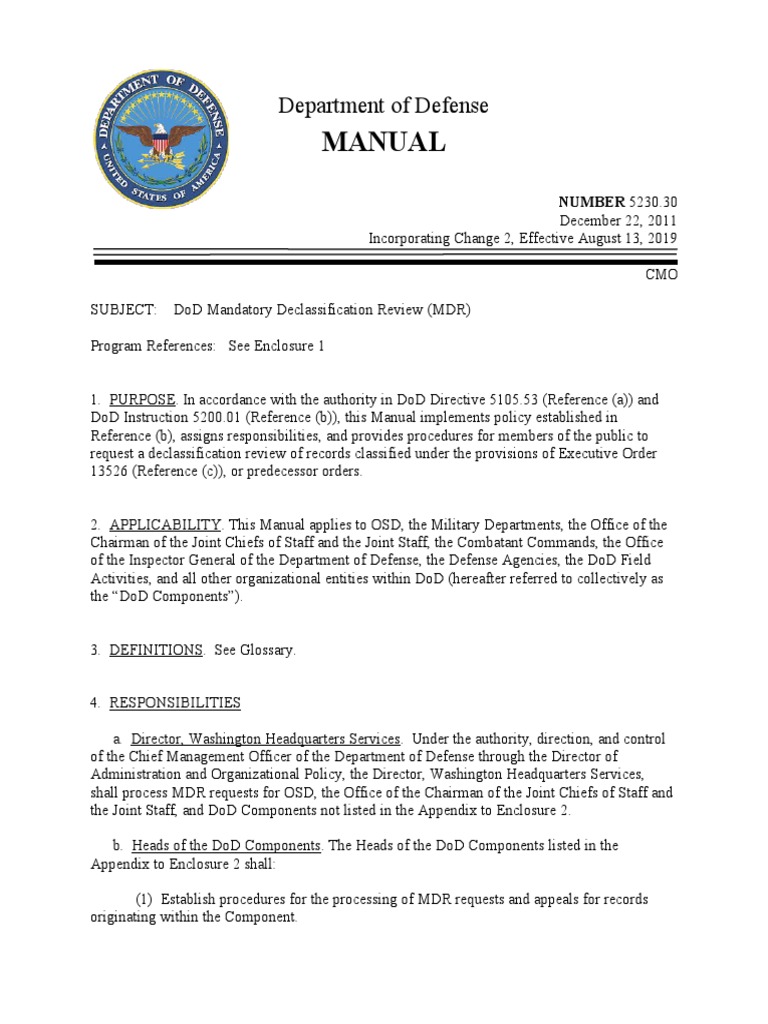 DoD 5230.30-M - DoD Mandatory Declassification Review (MDR) Program | PDF | Classified ...