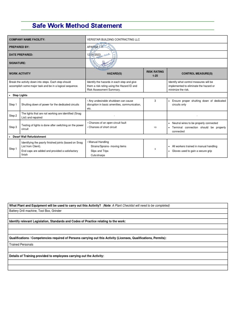 Method of Statement and Risk Assessment Form | PDF | Risk Assessment | Risk