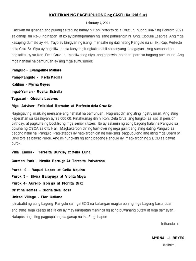 KATITIKAN NG PAGPUPULONG NG CASFI | PDF