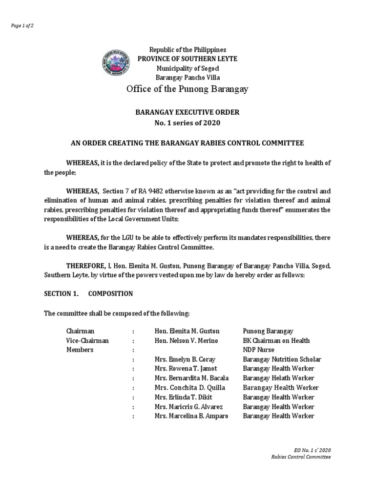EO No. 1-Rabies Control Committee | PDF | Justice | Crime & Violence