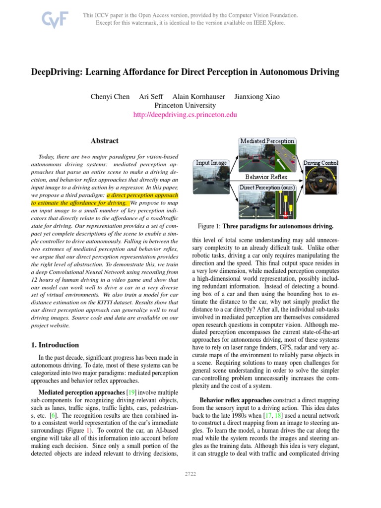 Chen DeepDriving Learning Affordance ICCV 2015 Paper | PDF | Perception | Computer Vision