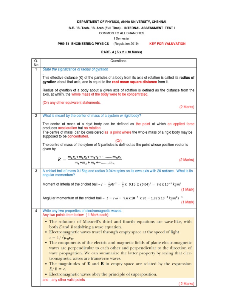 Engineering Physics Exam Key | PDF | Rotation Around A Fixed Axis | Angular Momentum