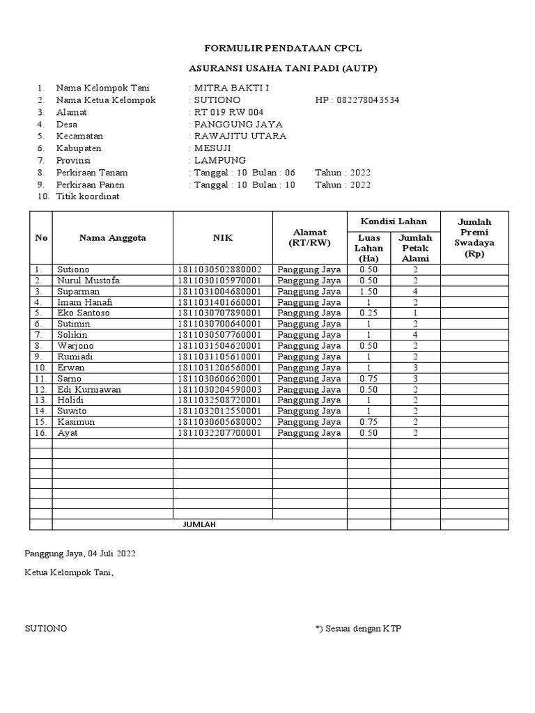 FORMULIR PENDATAAN CPCL AUTP | PDF