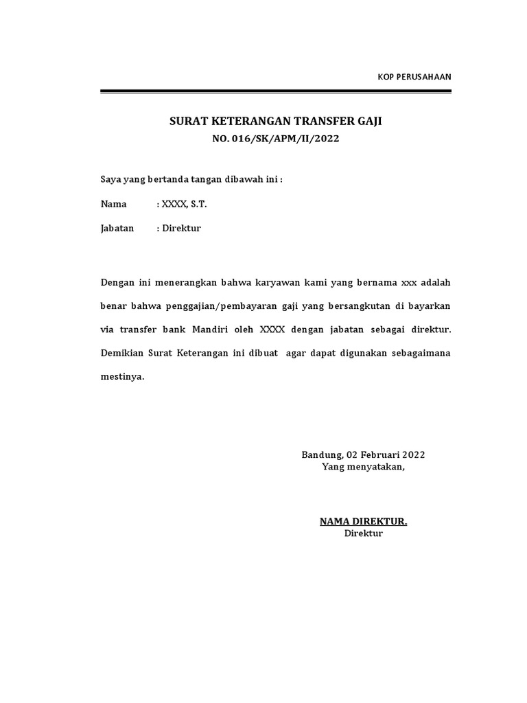 Surat Keterangan Transfer Gaji | PDF