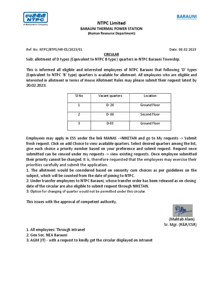 Circular For Allotment of NTPC B Type Quarters As Family Accommodation ...