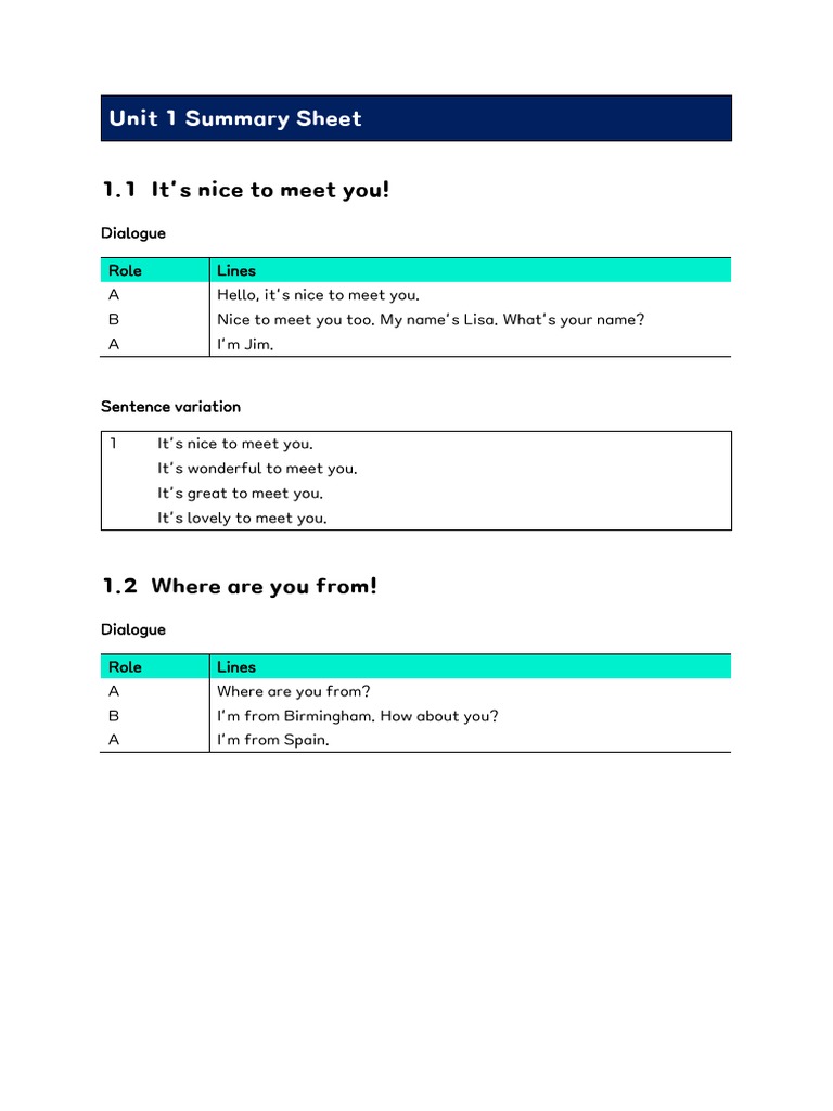 Unit 1 Summary Sheet Pdf 