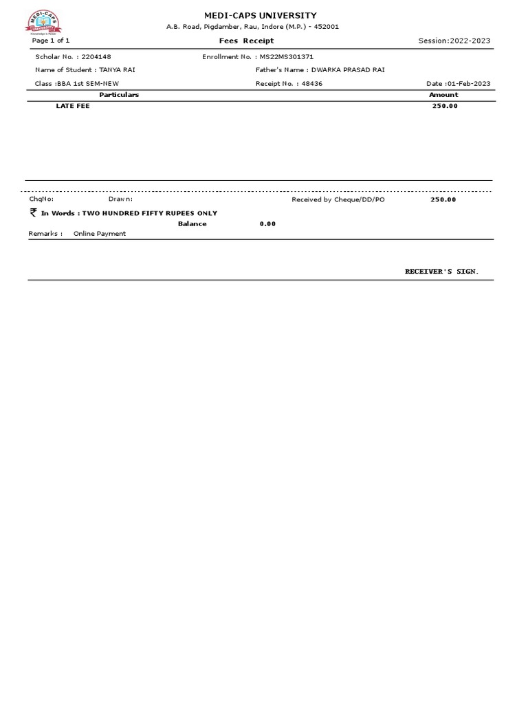 Medi-Caps University Fee Receipt | PDF
