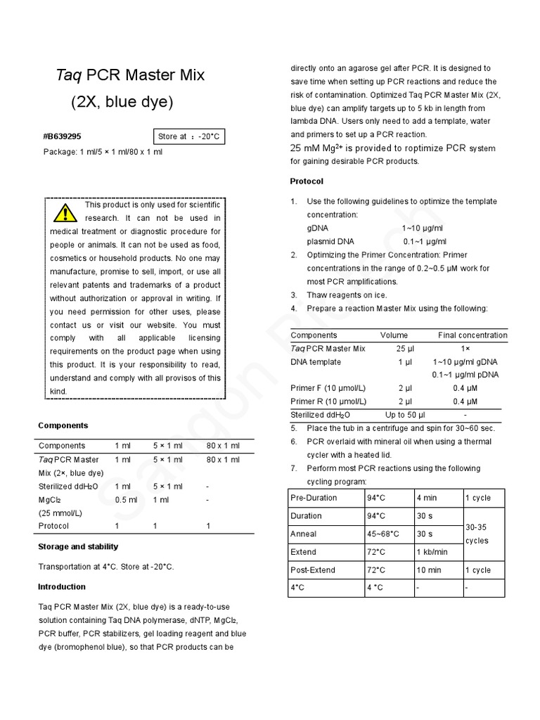 Taq PCR Master Mix (2x Blue Dye) | PDF | Polymerase Chain Reaction ...